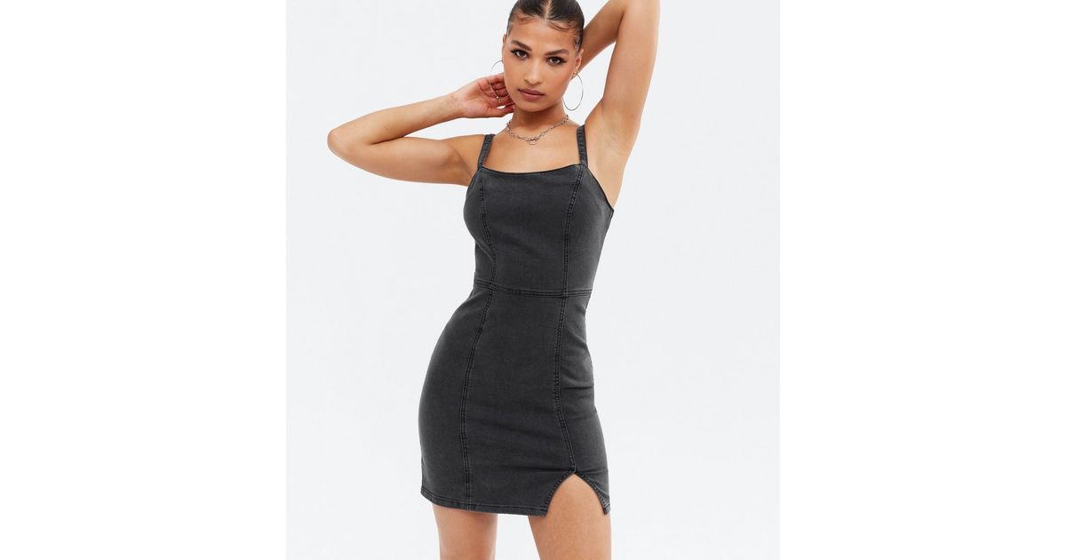Black Denim Split Mini Bodycon Dress | New Look