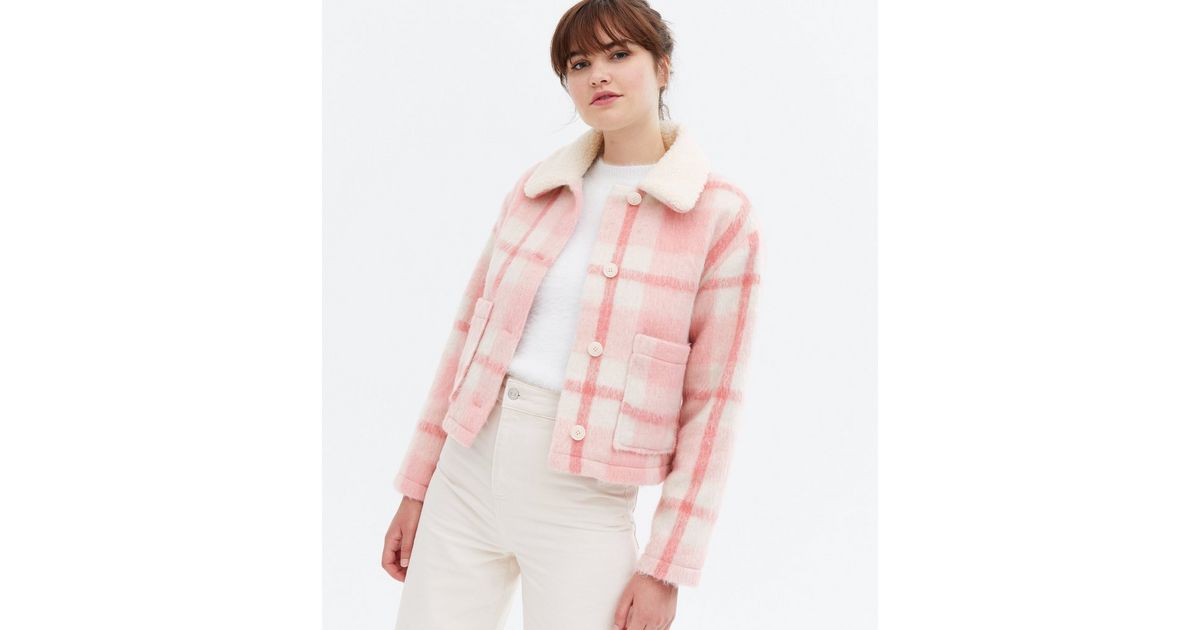 Wednesday's Girl Pink Check Teddy Collar Shacket | New Look