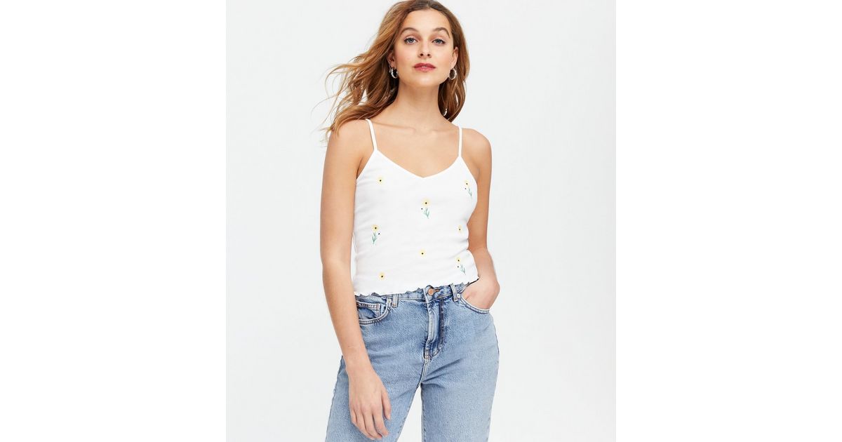 White Sunflower Ribbed Cami | New Look