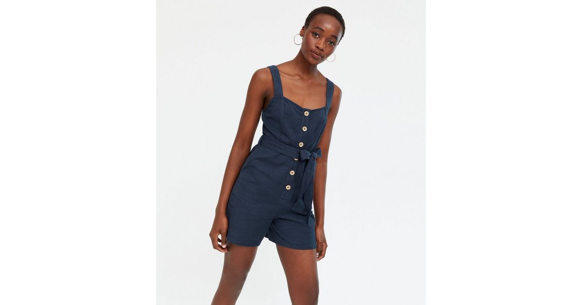 Tall Navy Button Square Neck Belted Playsuit | New Look
