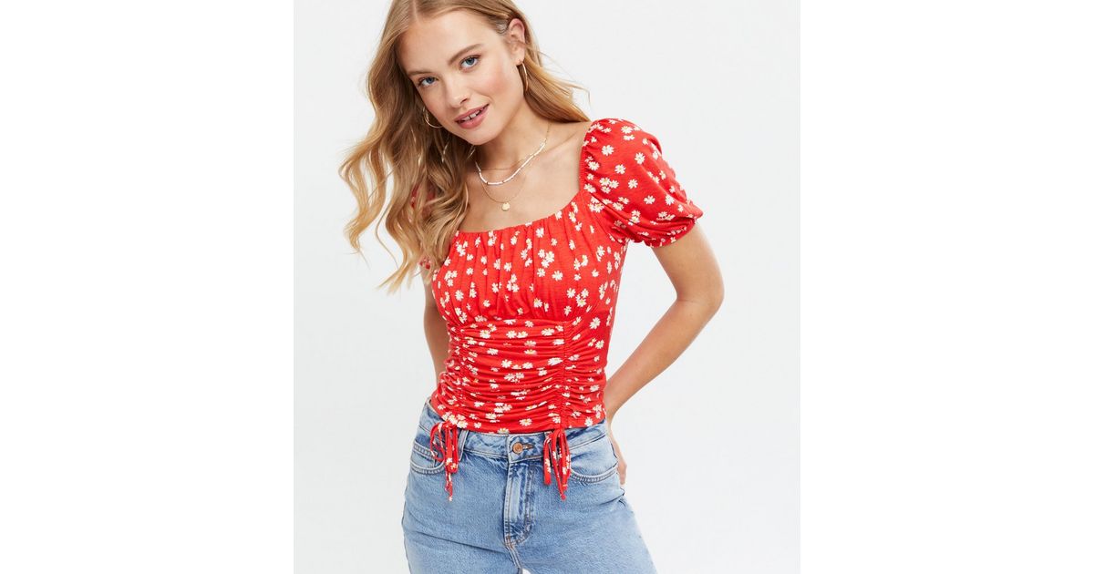 Red Daisy Ruched Puff Sleeve Top | New Look