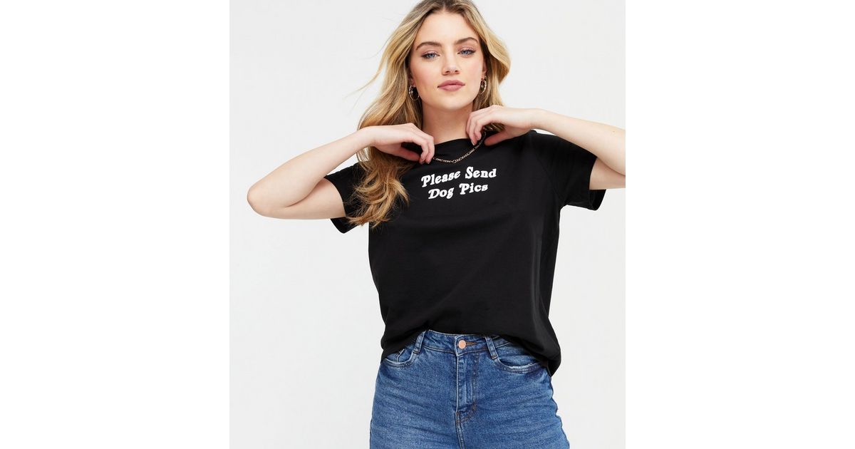 Black Please Send Dog Pics Logo T-Shirt | New Look