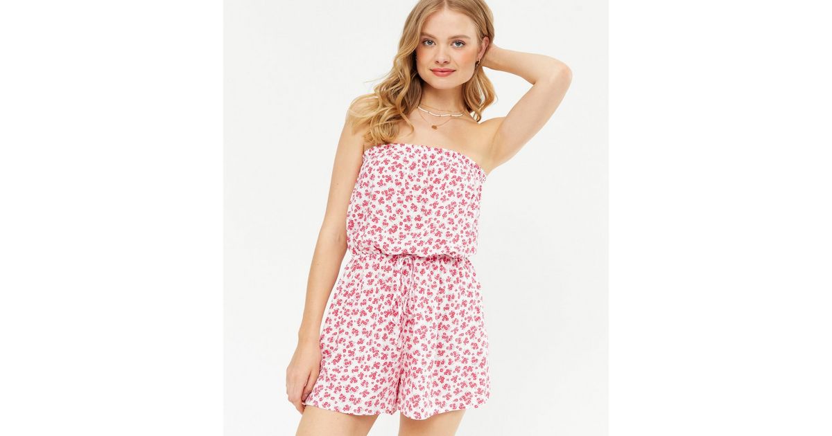 Pink Ditsy Floral Tie Waist Bandeau Playsuit New Look