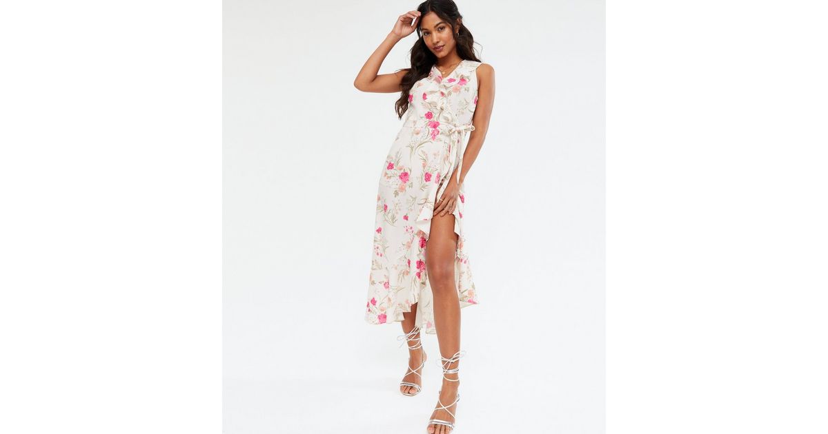 White Floral Belted Ruffle Wrap Midi Dress | New Look