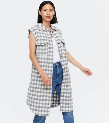 Light Grey Gingham Sleeveless Long Shacket | New Look