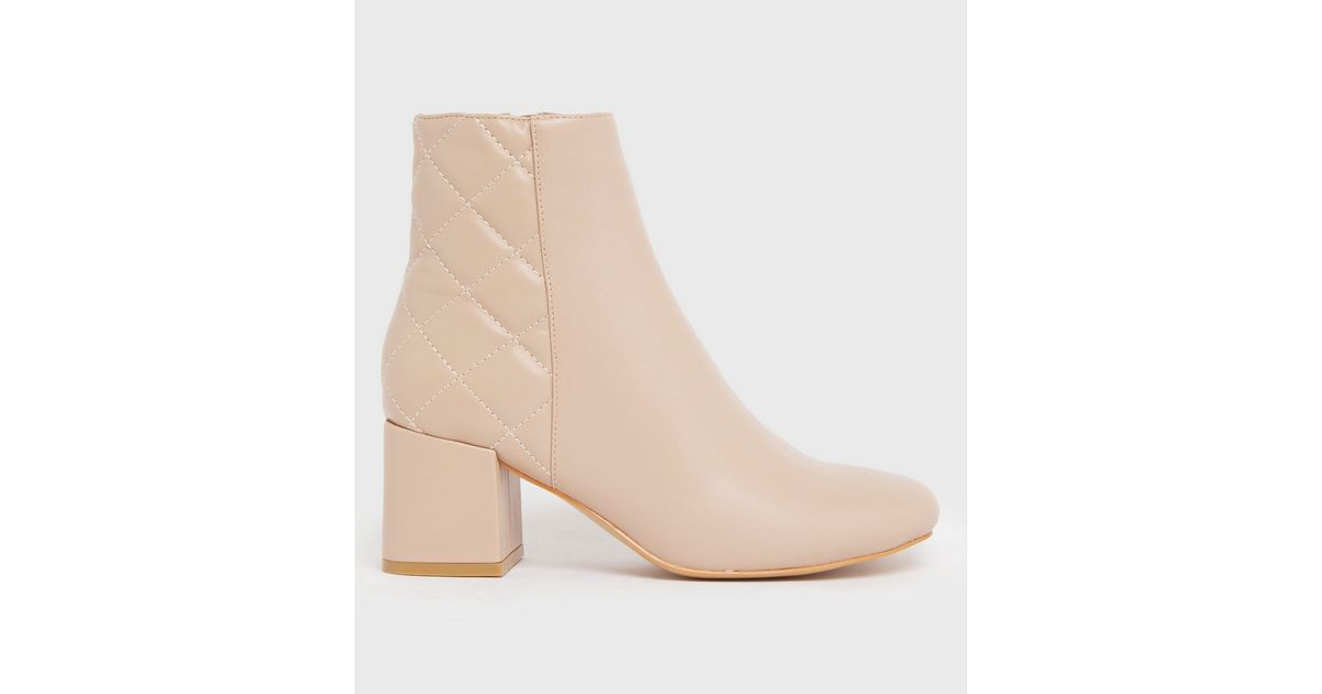 Camel Quilted Block Heel Ankle Boots | New Look