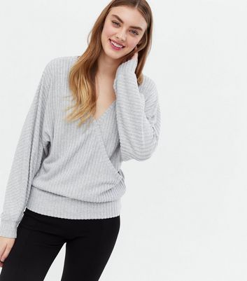 Pale Grey Ribbed Fine Knit Wrap Deep Hem Top | New Look