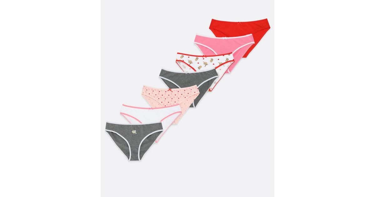 Girls 7 Pack Red Pink Grey and White Sloth Bikini Briefs | New Look