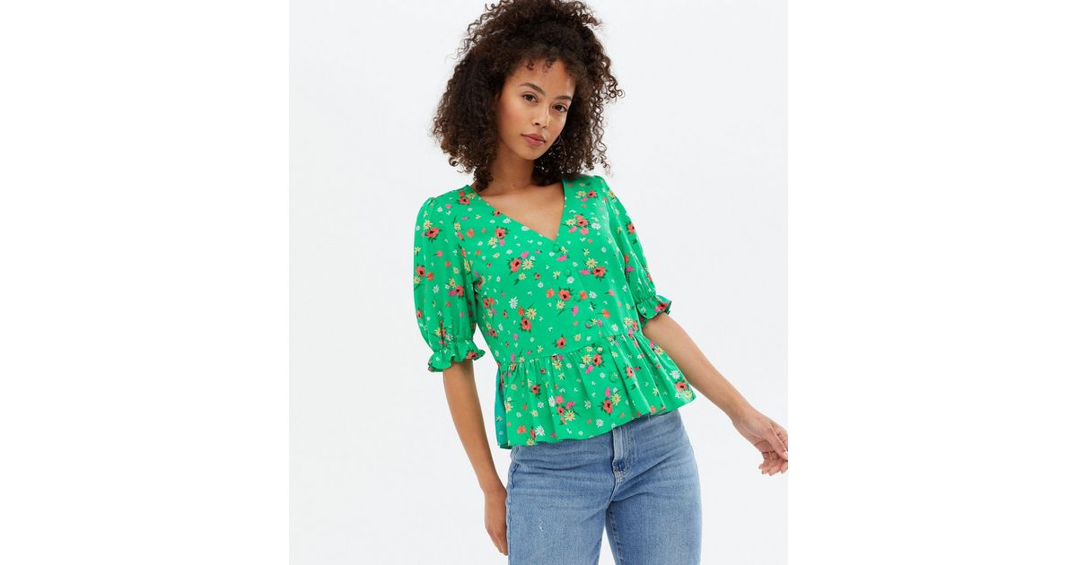 Tall Green Floral Peplum Tea Blouse | New Look