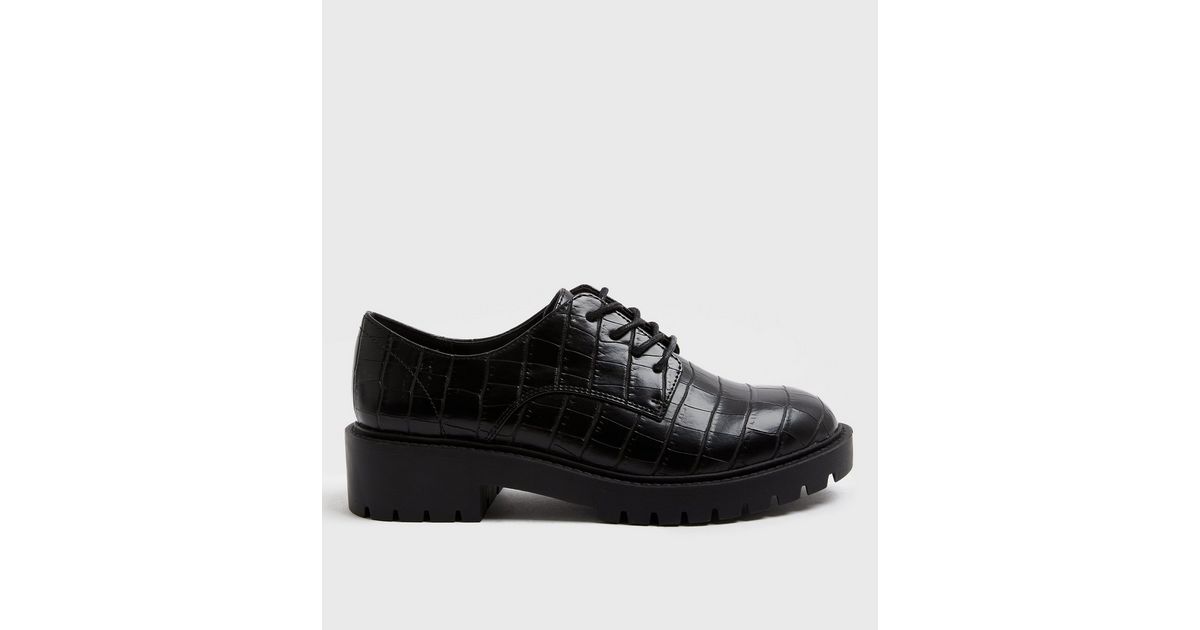 Wide Fit Black Faux Croc Chunky Brogues | New Look