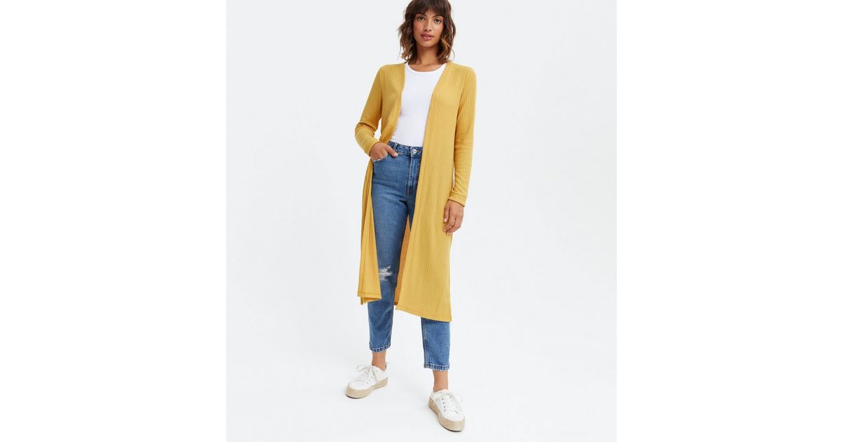 Mustard Ribbed Fine Knit Midi Cardigan | New Look