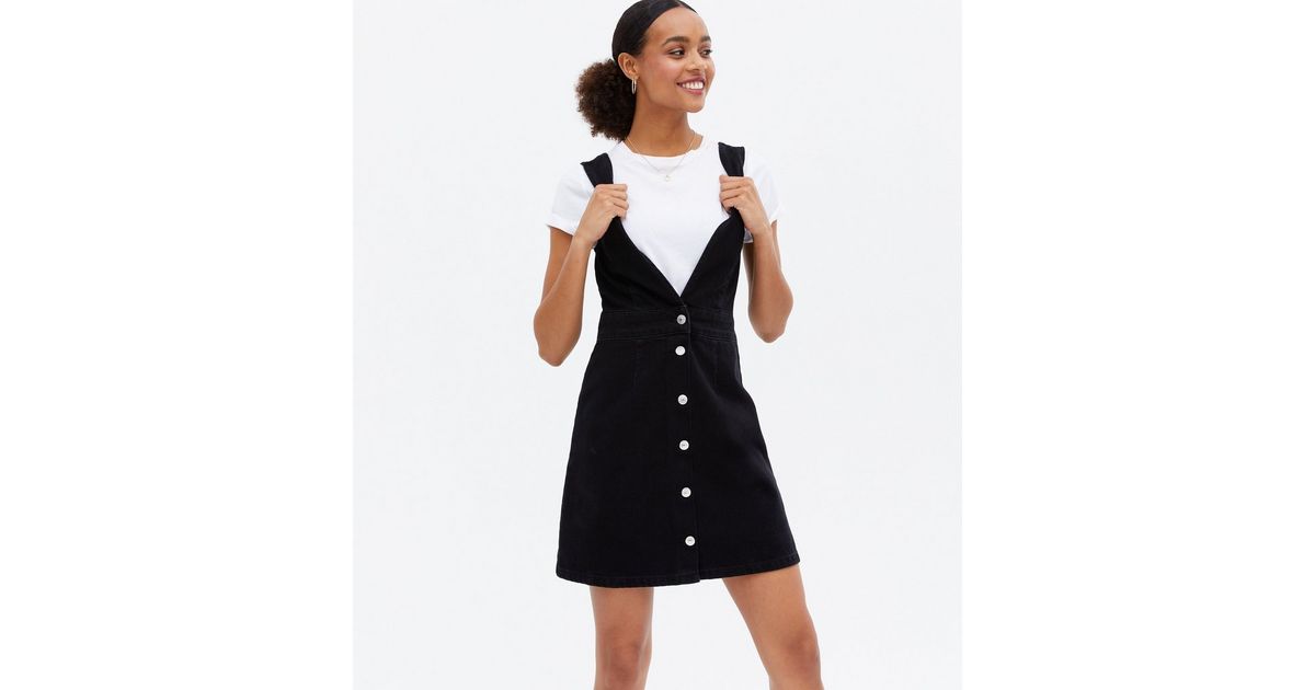 Black Denim Button Pinafore Dress | New Look