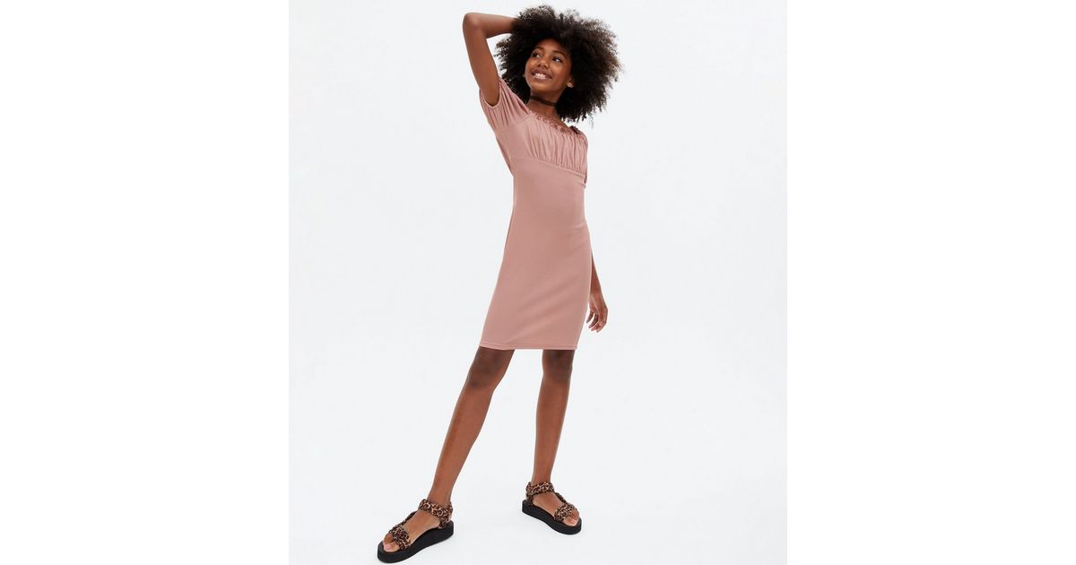 Girls Pale Pink Ribbed Ruched Front Puff Sleeve Dress | New Look