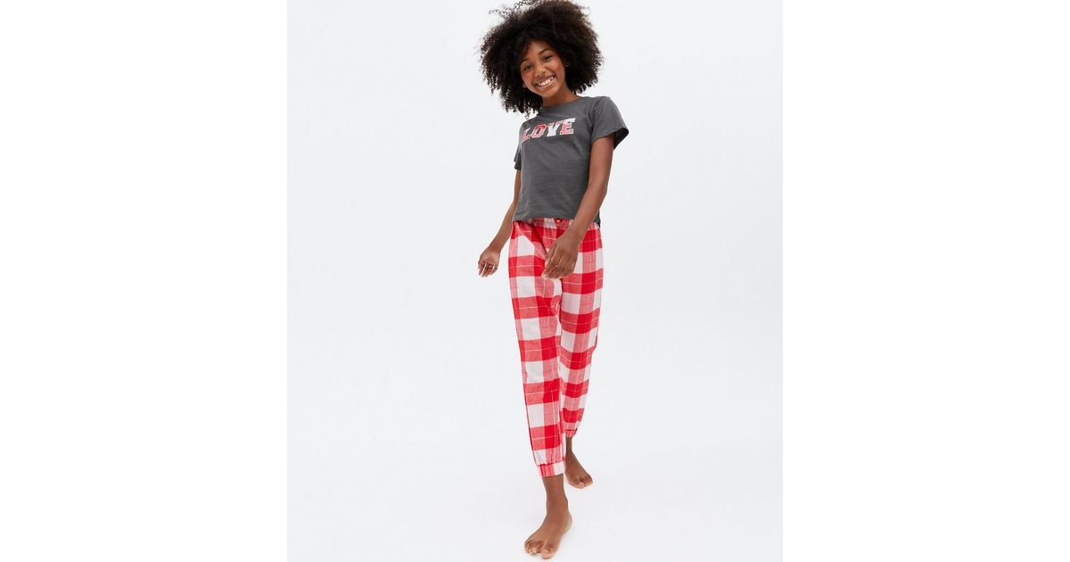 Girls Red Check Love Embroidered Jogger Pyjama Set | New Look