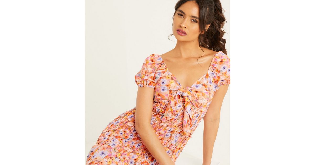 Quiz Bright Orange Floral Shirred Tie Front Mini Dress New Look