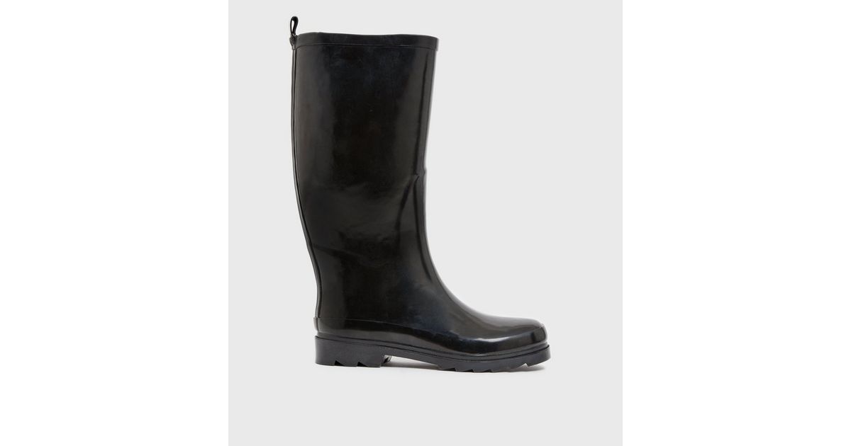 Black Patent Knee High Wellington Boots | New Look