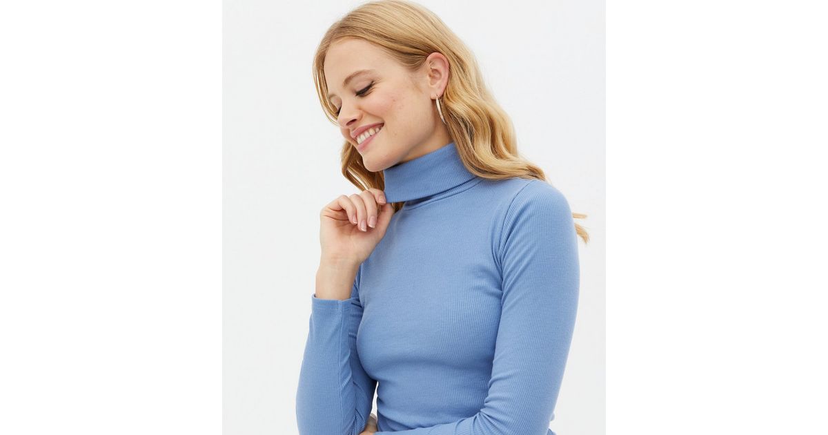 Blue Ribbed Long Sleeve Roll Neck Top | New Look