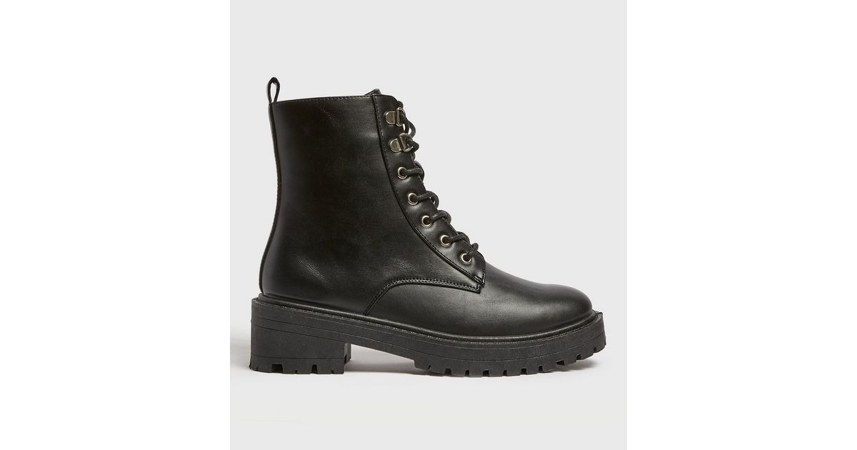 Black Leather-Look Chunky Lace Up Boots | New Look