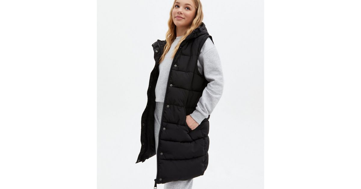 Girls Black Long Hooded Gilet | New Look
