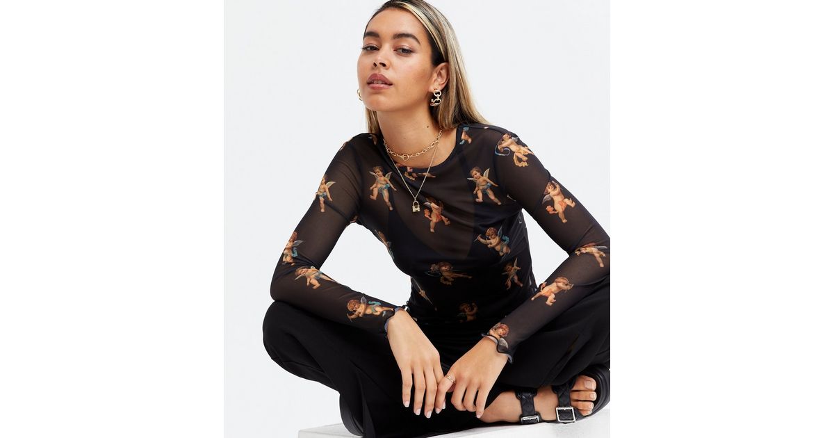 Black Cherub Mesh Long Sleeve Top | New Look