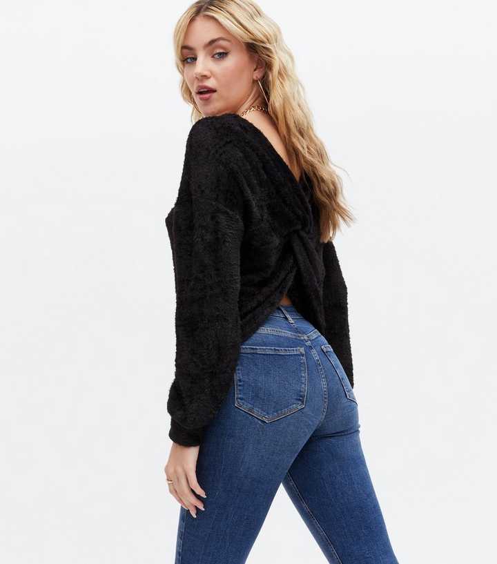Black Fine Knit Fluffy Twist Back Top | New Look