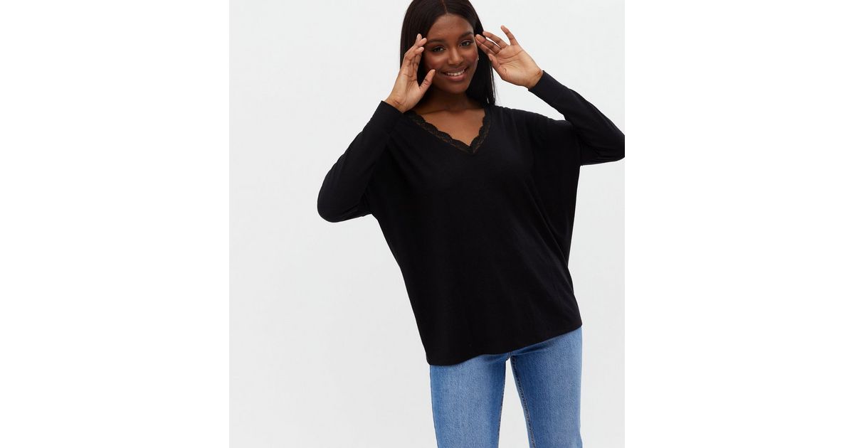 Black Lace Trim V Neck Oversized Top | New Look