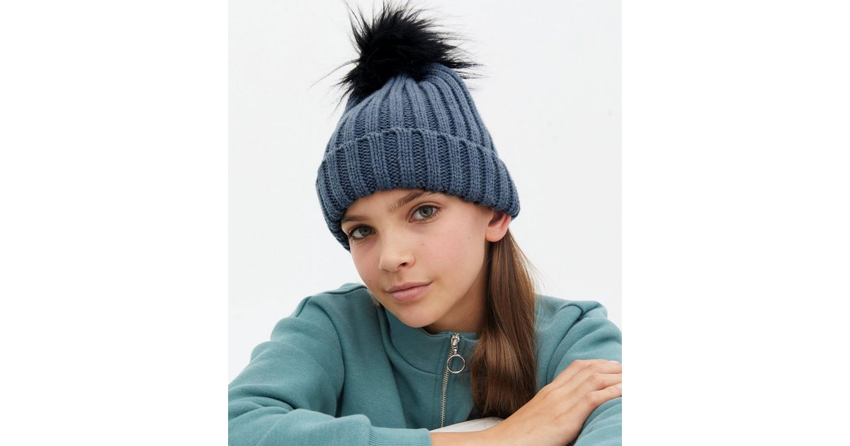 Girls Blue Ribbed Bobble Hat | New Look