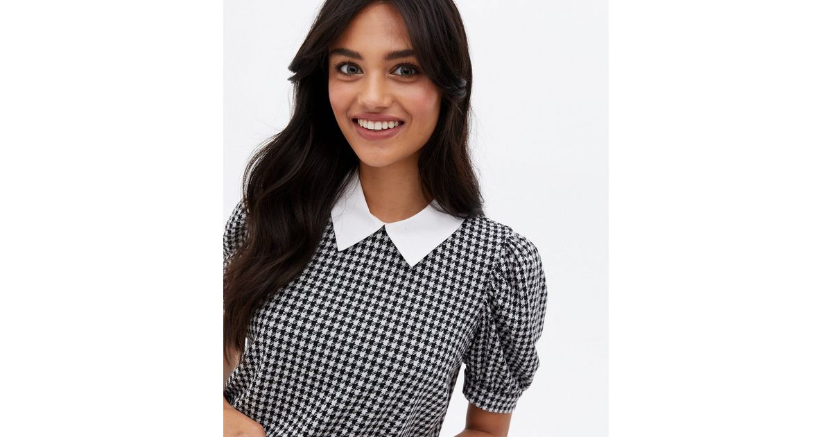 Black Dogtooth Collared Puff Sleeve Top | New Look