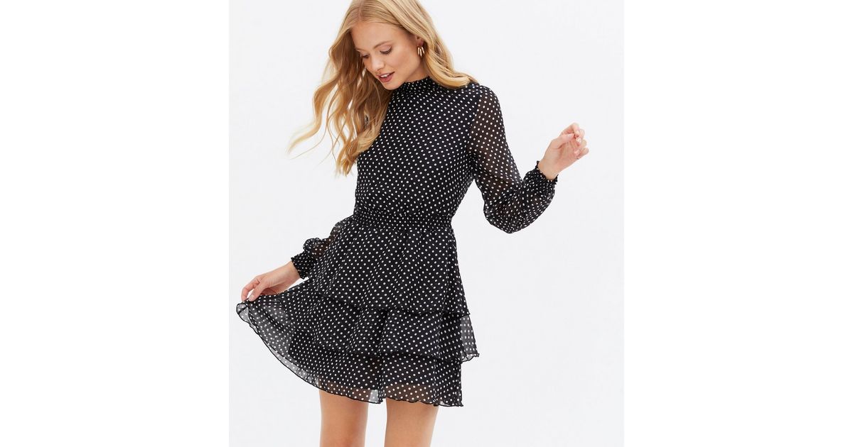 Black Spot Chiffon Tiered Mini Dress | New Look