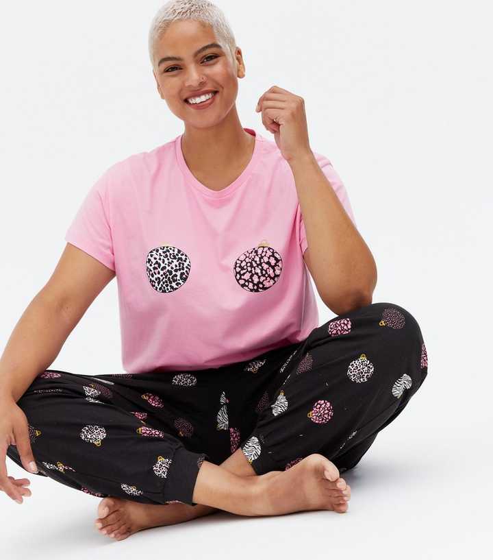 Curves Black Christmas Bauble Animal Print Matching Family Pyjama Set ...