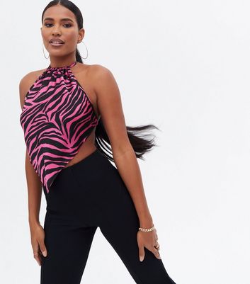 Pink Tiger Print Satin Hanky Hem Halter Top | New Look