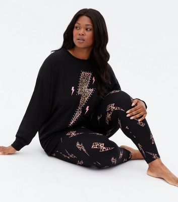 Curves Black Legging Pyjama Set with Leopard Print Lightning | New Look