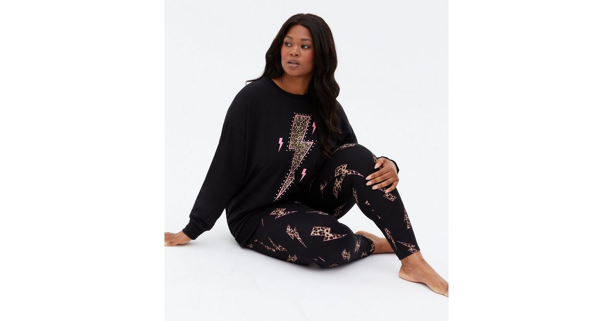 Curves Black Legging Pyjama Set with Leopard Print Lightning | New Look