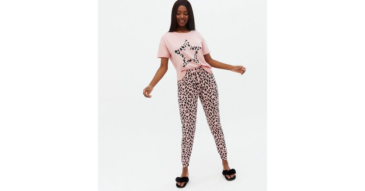 Pink Star Leopard Print T-Shirt and Jogger Pyjama Set | New Look