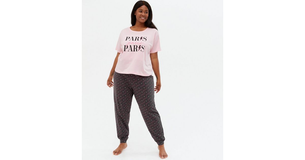 Curves Pink Paris Sequin Logo Jogger Pyjama Set | New Look