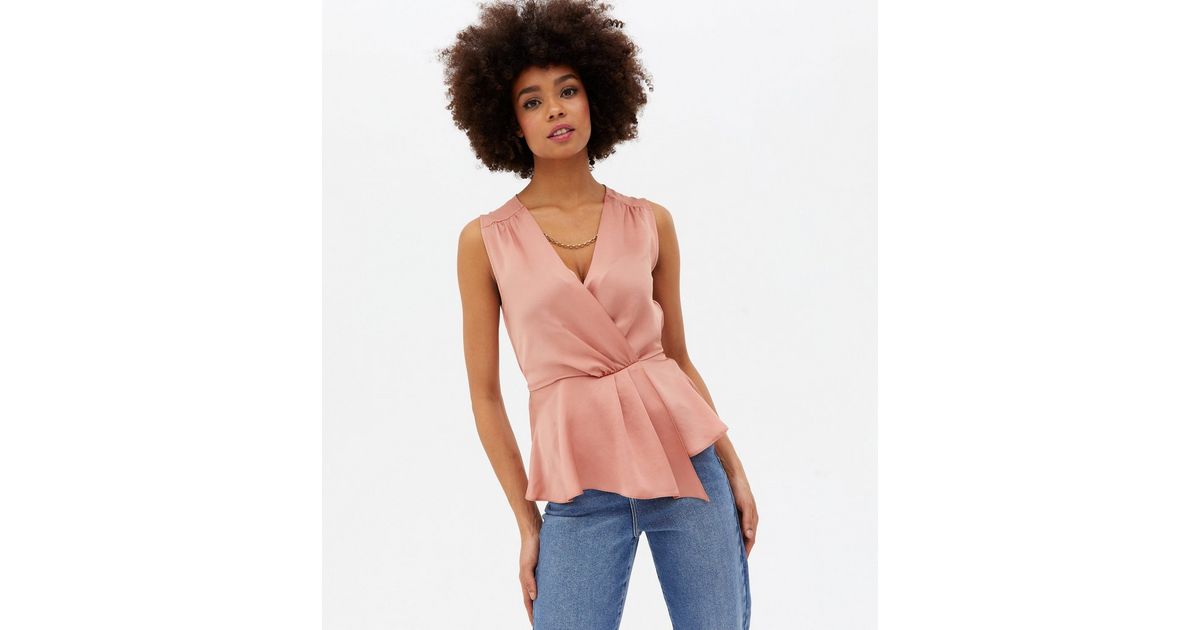 Deep Pink Satin Sleeveless Wrap Peplum Top | New Look