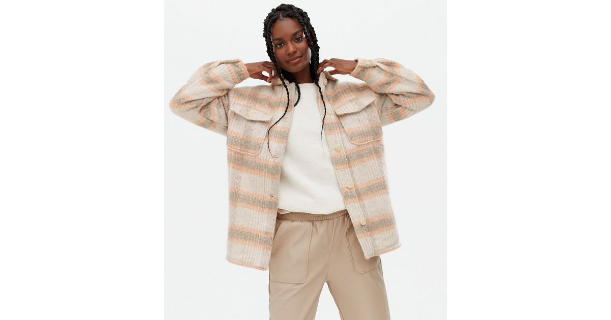 Coral Check Brushed Shacket | New Look