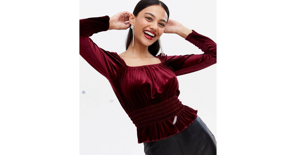 Burgundy Velvet Shirred Peplum Top | New Look