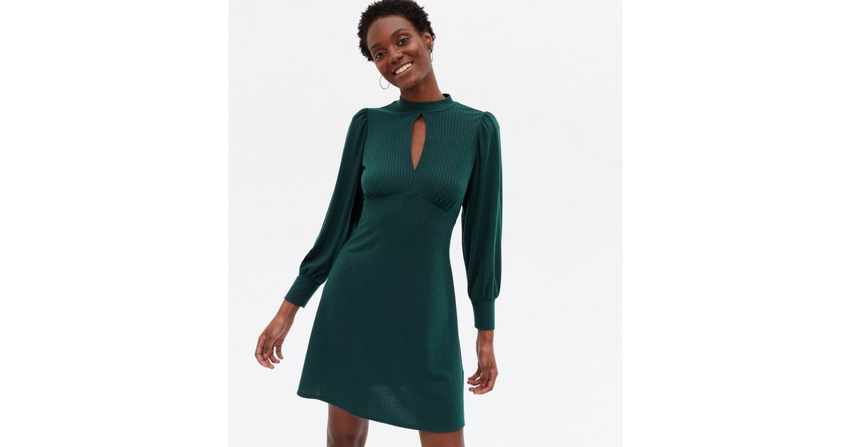 Dark Green Ribbed Keyhole High Neck Mini Dress | New Look
