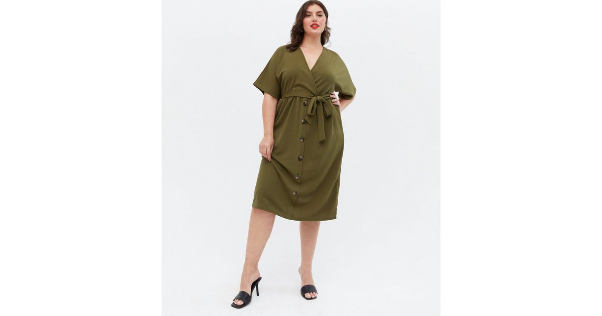 Curves Green Button Front Belted Wrap Dress | New Look