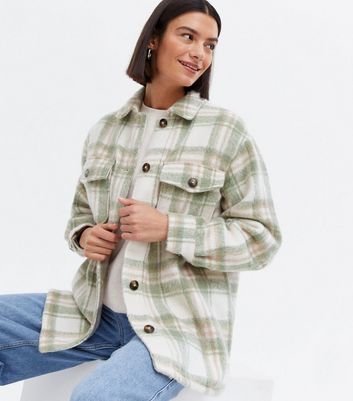 Light Green Check Brushed Pocket Front Shacket | New Look