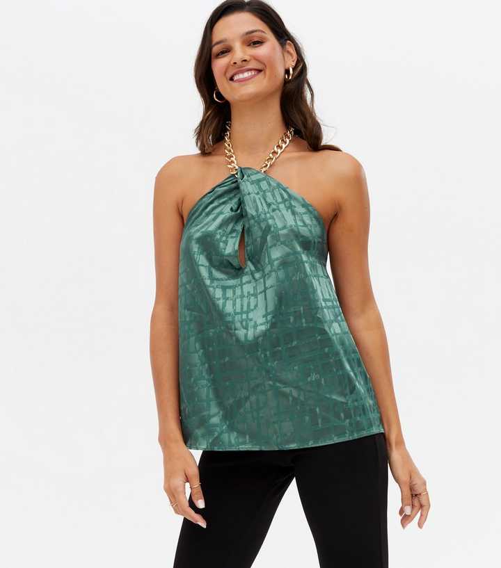 Dark Green Jacquard Satin Chain Halter Top | New Look