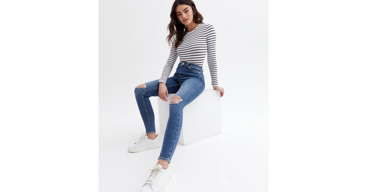 Blue Ripped Knee High Waist Ashleigh Skinny Jeans | New Look