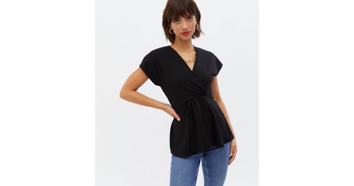 Black Scuba Crepe Chain Wrap Peplum Top | New Look