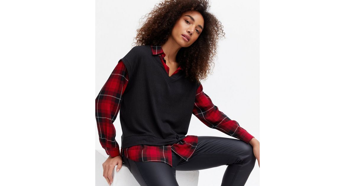 Red Check Ribbed 2 in 1 Vest Shirt | New Look