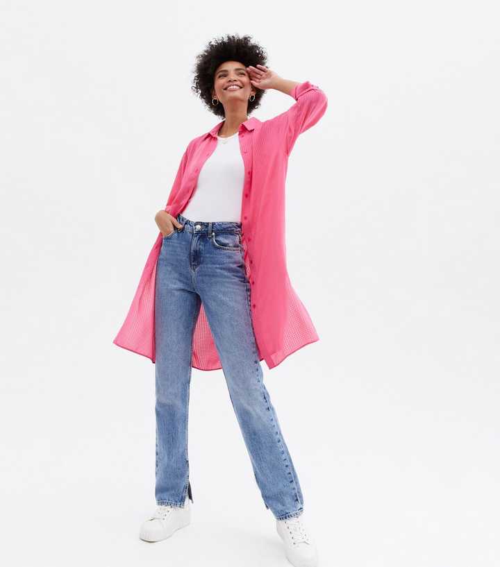 Bright Pink Check Long Oversized Shirt | New Look