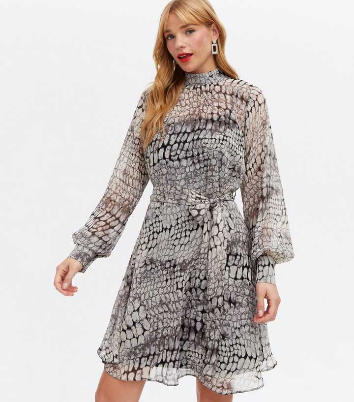Black Snake Print Chiffon High Neck Belted Mini Dress | New Look