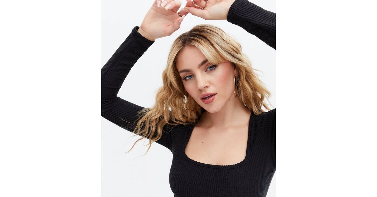 Black Ribbed Square Neck Bodysuit | New Look