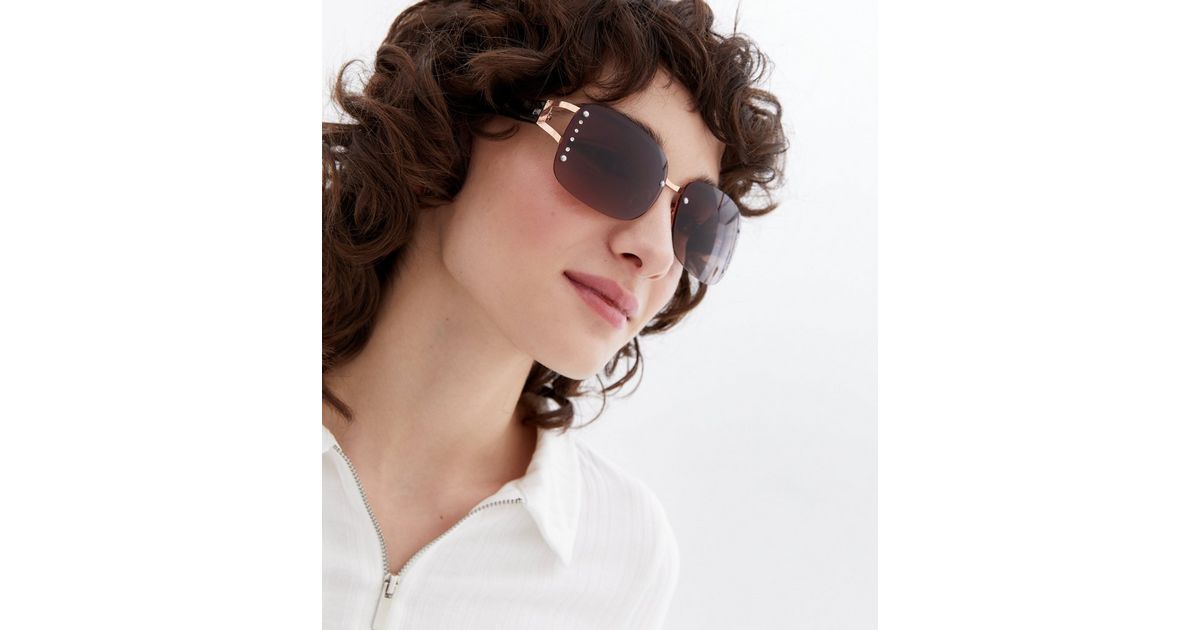 Dark Brown Diamanté Rimless Rectangle Sunglasses New Look