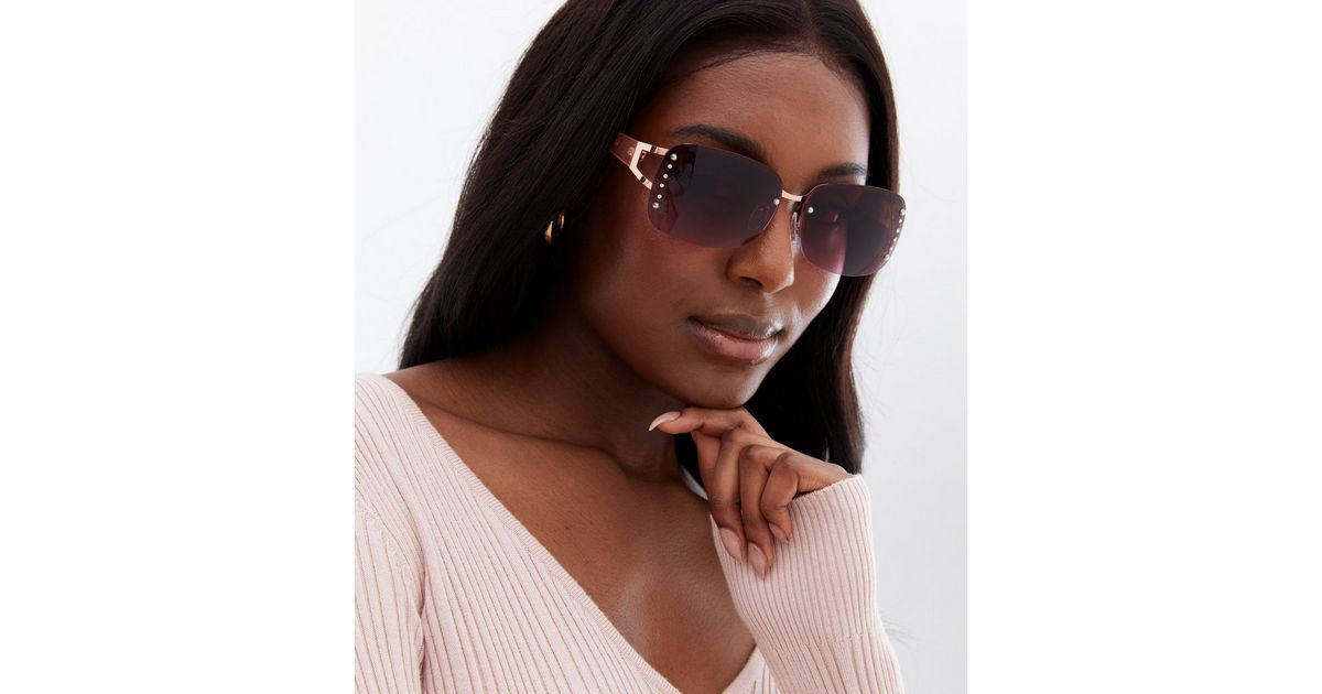 Pink Diamanté Rimless Rectangle Sunglasses New Look